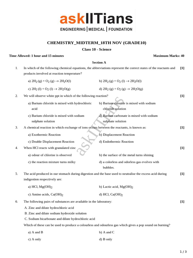 Grade 10 Chemistry Midterm Exam Guide | PDF | Acid | Chemical Reactions