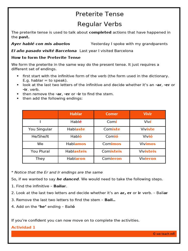 PRETERITE TENSE REGULAR VERBS BOOKLET | PDF