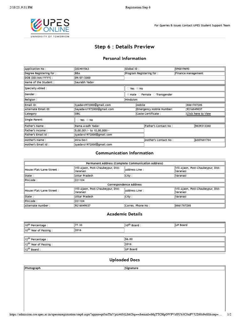 UPES BBA Finance Registration Details | PDF