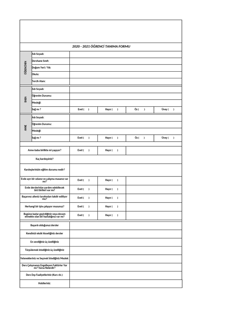 Öğrenci̇ Tanima Formu | PDF