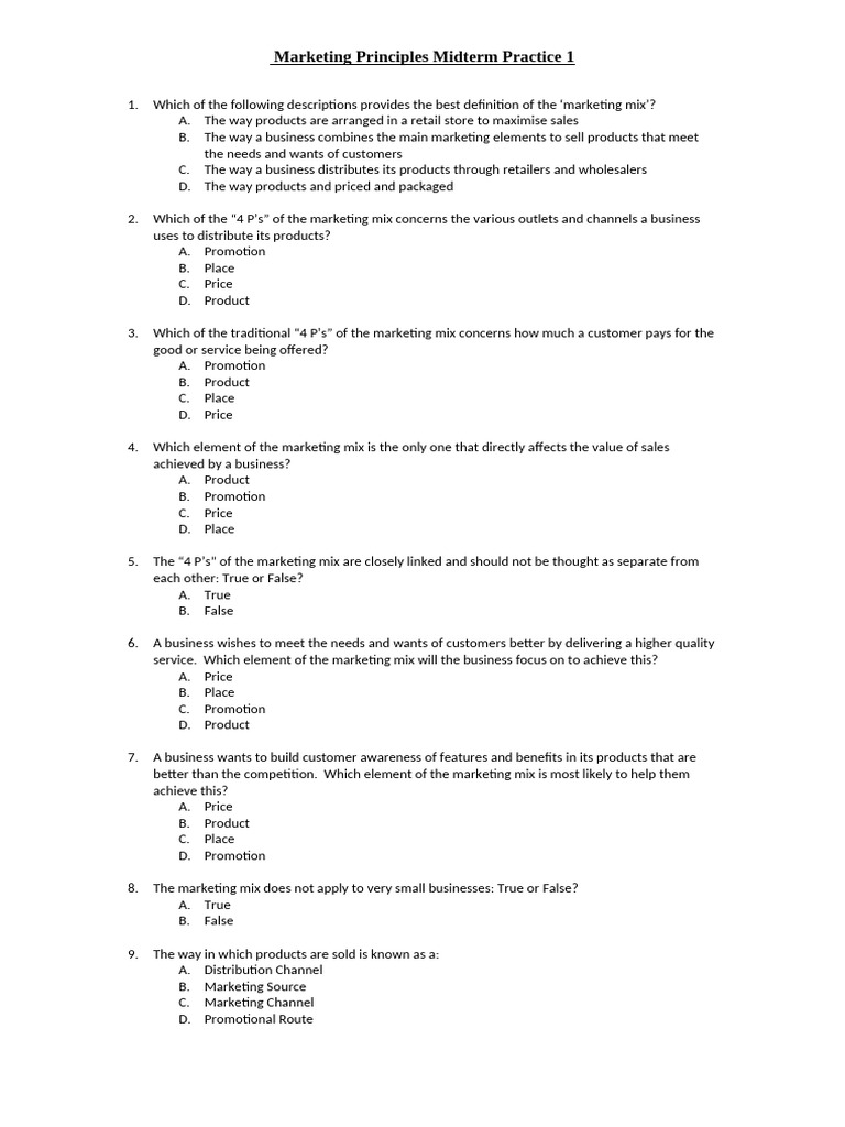 Marketing Princples Midterm Practice Part 1 | PDF | Market Segmentation | Marketing