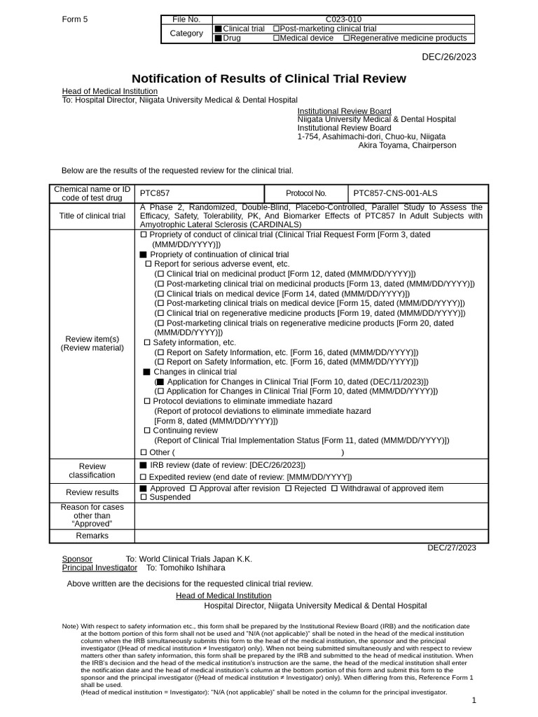 PTC857-CNS-001-ALS - JPN - 502 - Form5 IRB Approval Letter - 27dec2023 ...