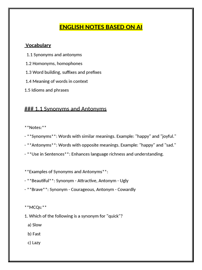English Notes Based On Ai | PDF | Word | Idiom