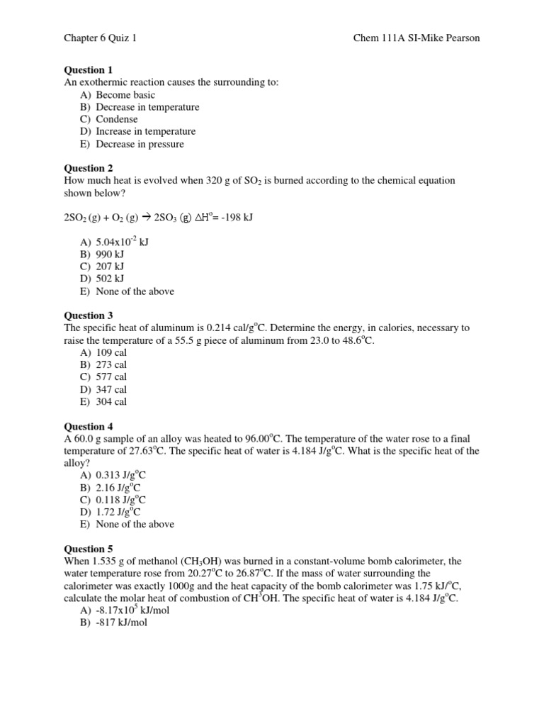 Quiz on Exothermic Reactions, Enthalpy Change, and Forms of Energy ...