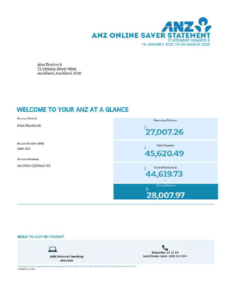 Anz Alex Buntrock Bank Statement | PDF