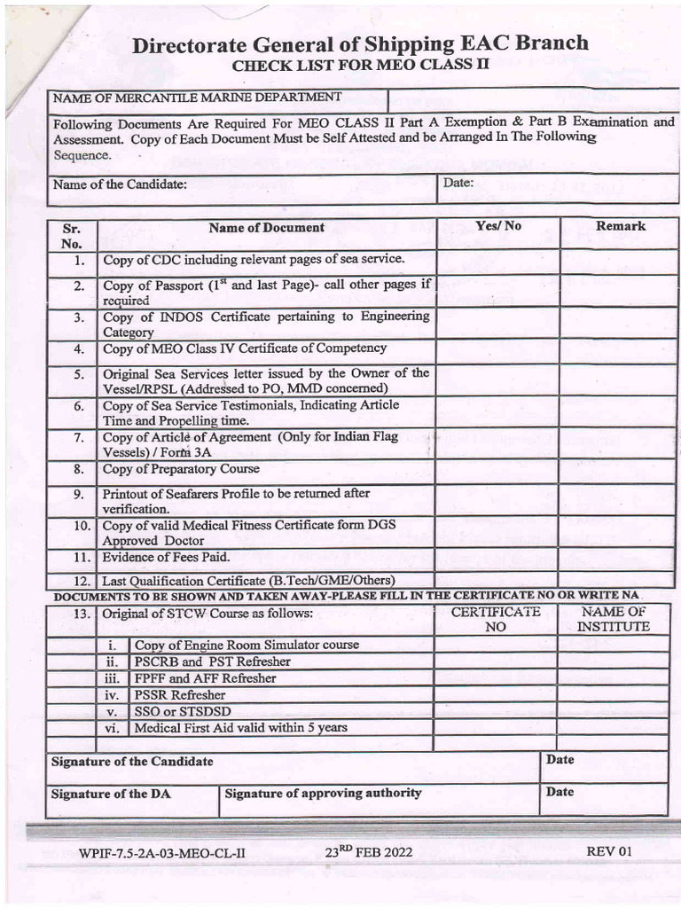 MEO Class II Assessment Document Checklist | PDF
