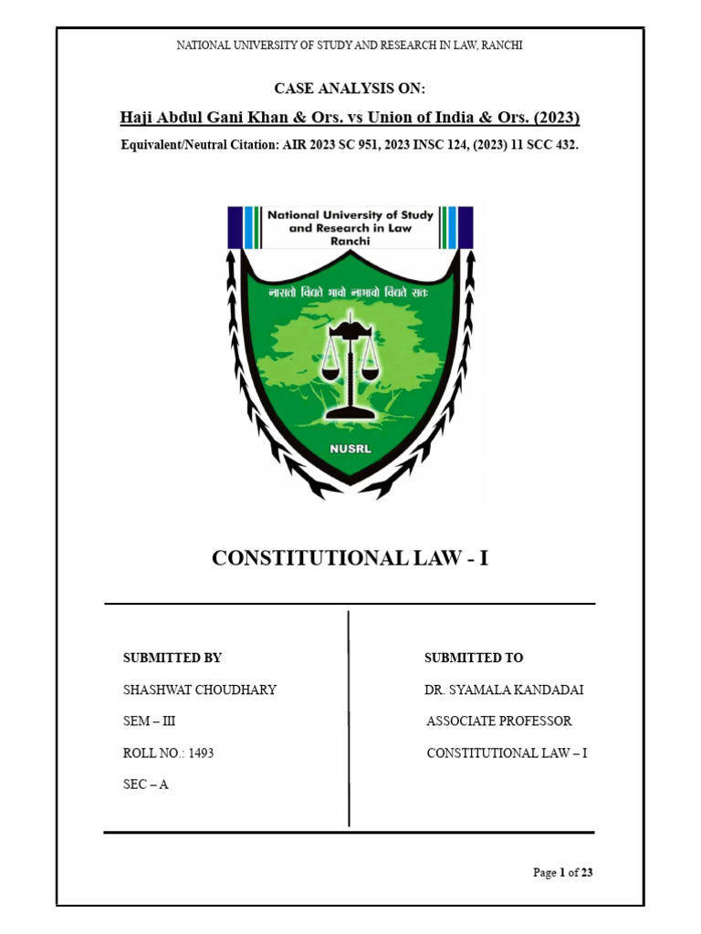 Shashwat Choudhary - Case Analysis Const. Law - I | PDF | Public Law | Government