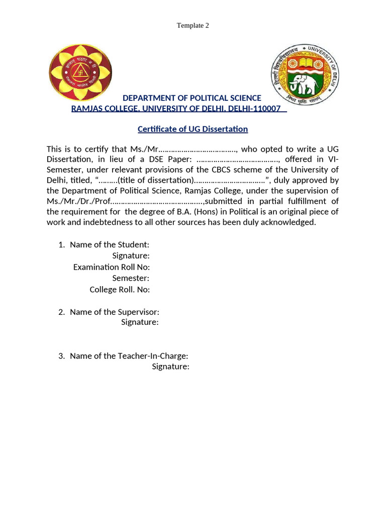 TEMPLATE-2 Certificate of UG Dissertation | PDF