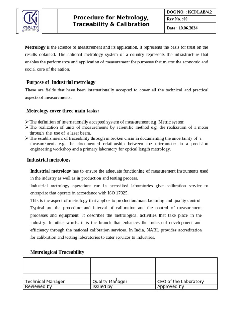 Procedure For Meterology, Tracebility - Calibration | PDF | Calibration ...