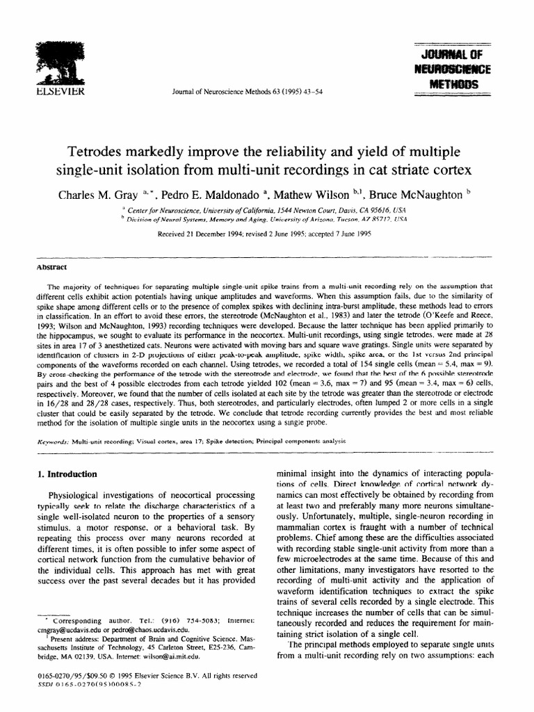 Tetrodes Markedly Improve The Reliability and Yield of Multiple Single-Unit Isolation From Multi ...