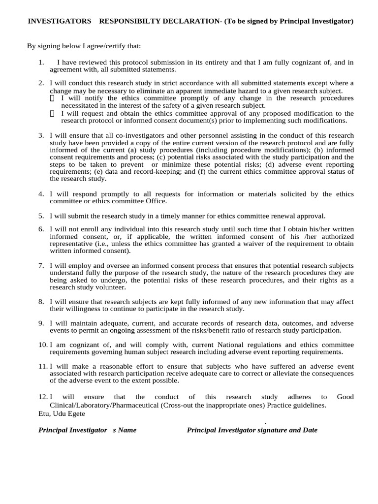 Principal Investigator Responsibility Form | PDF | Institutional Review Board | Informed Consent