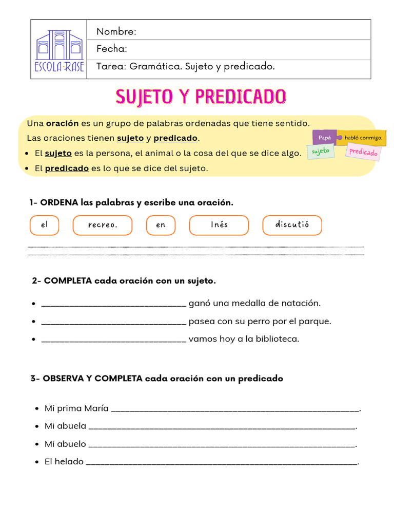 2º. La Oración. Sujeto y Predicado. | PDF