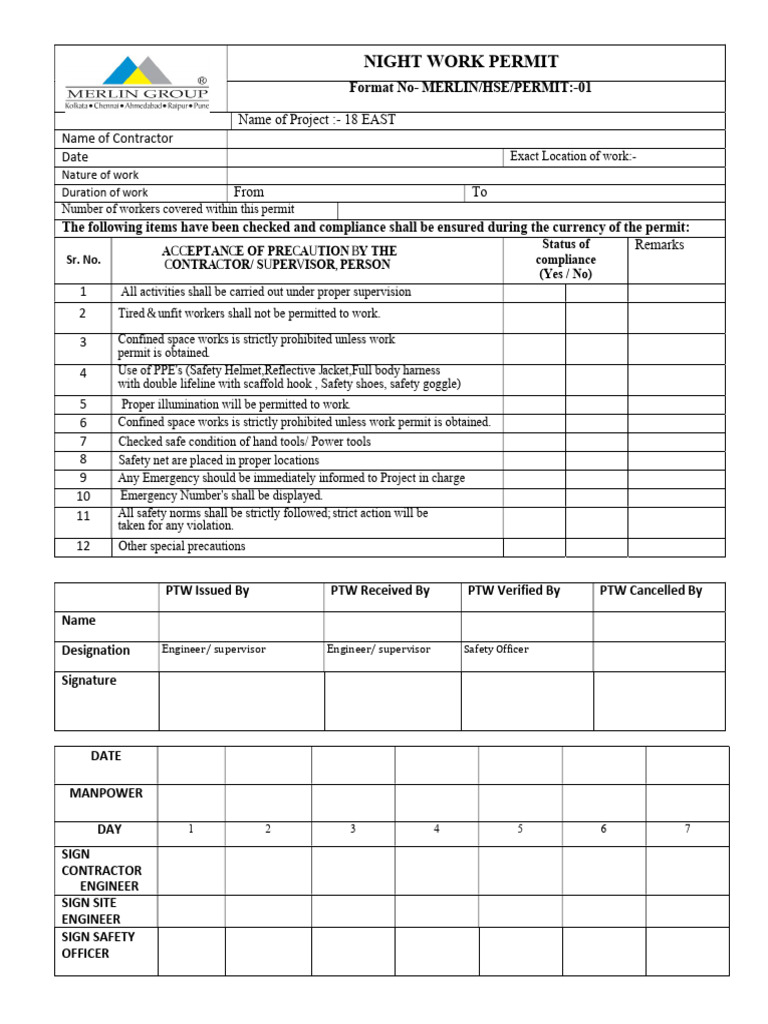 Night Work Permit Format and Guidelines | PDF