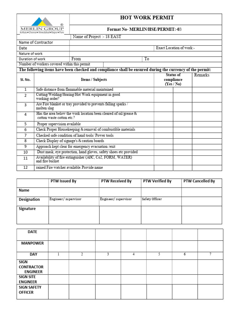 Hot Work Permit Template for Safety Compliance | PDF | Fires ...