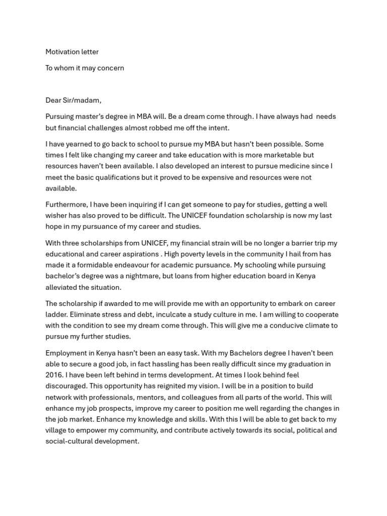 MBA PROGRAM MOTIVATIONAL LETTER | PDF