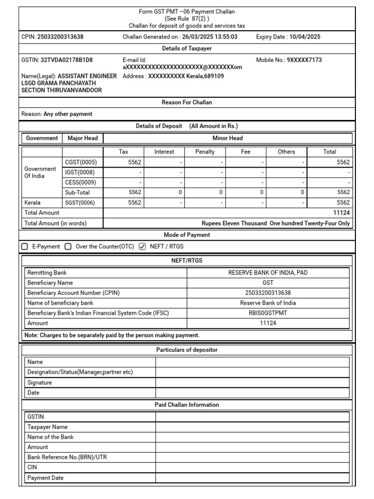 GST Payment Challan for Kerala | PDF | Cheque | Banks