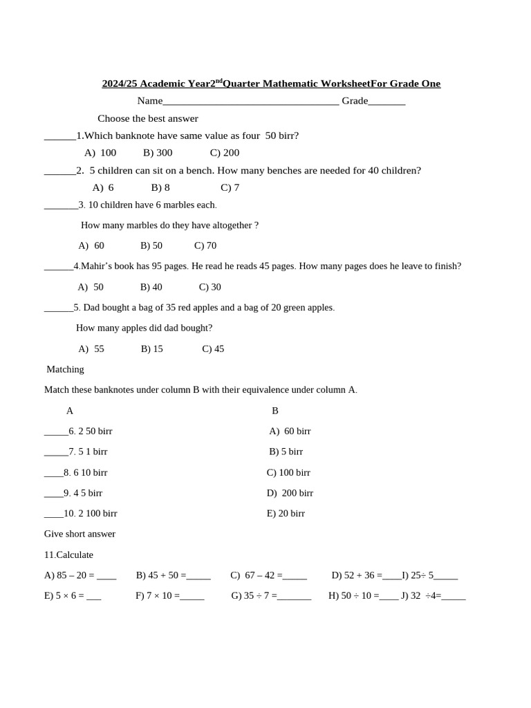 Grade One Math Worksheet 2024/25 | PDF