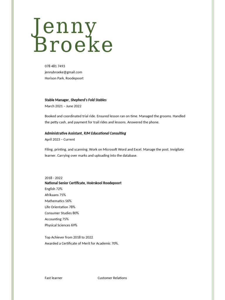 Jenny Broeke's Professional CV | PDF