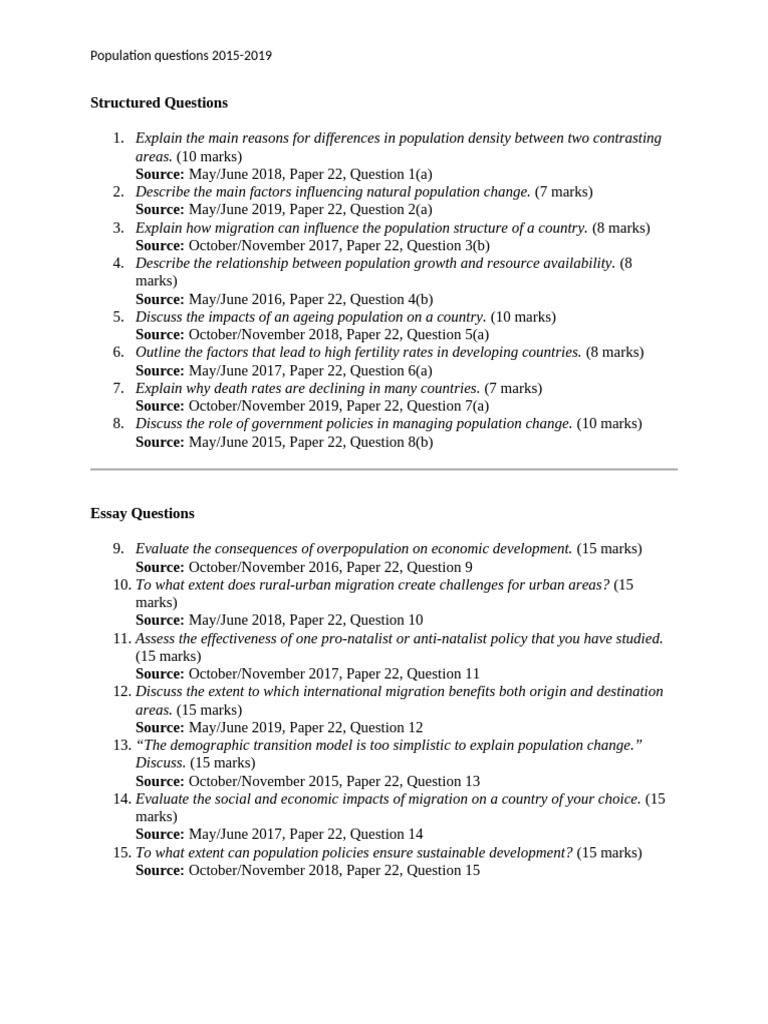 Population Questions 2015-2018 1 | PDF