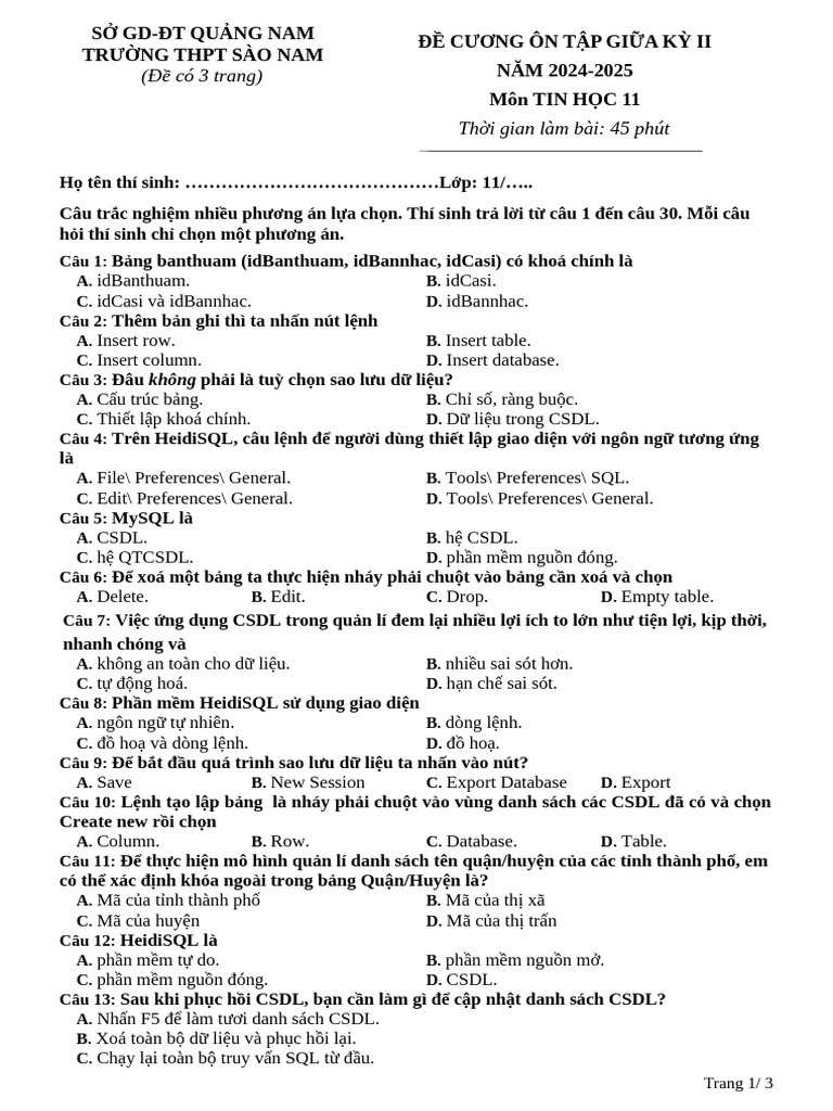 ĐỀ CƯƠNG ÔN TẬP 11 GK2 | PDF