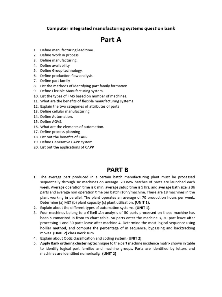 Computer Integrated Manufacturing Systems Question Bank | PDF | Automation