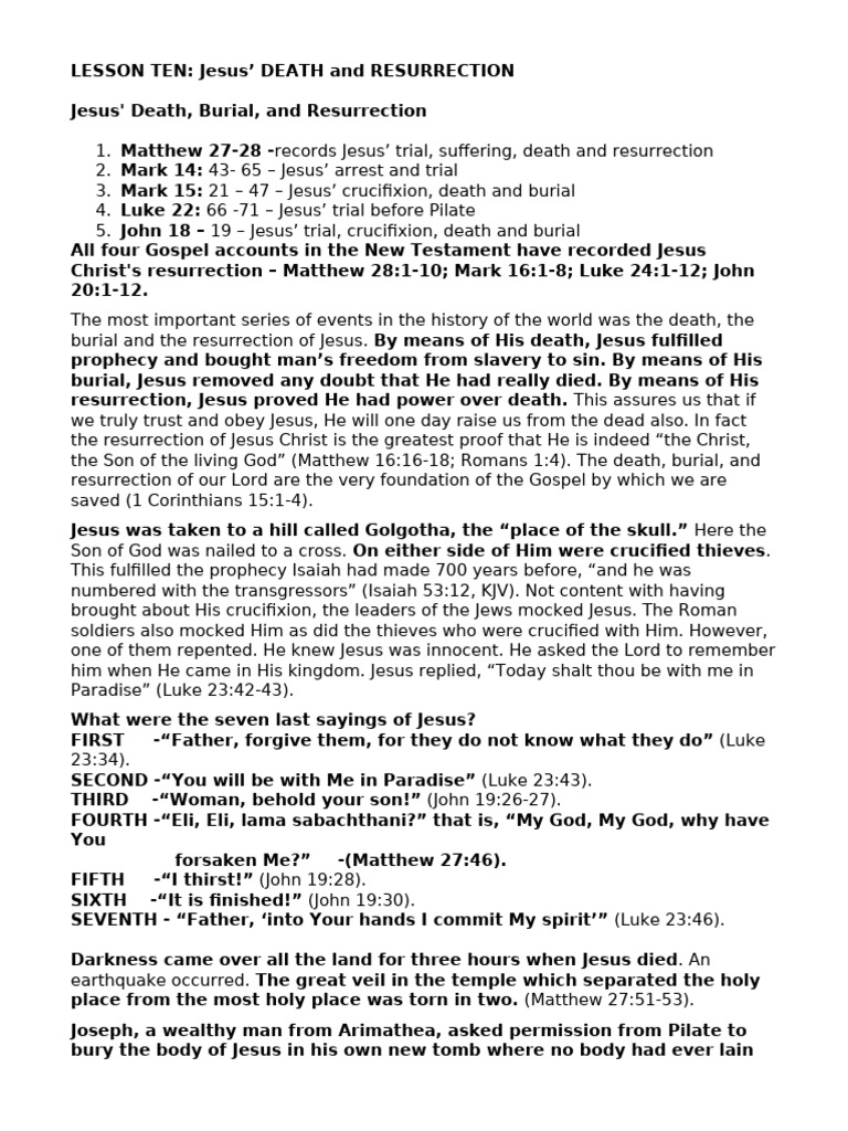 LESSON TEN Jesus Death and Resurrection | PDF | Resurrection Of Jesus | Jesus