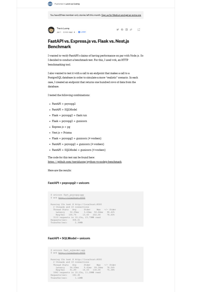 FastAPI vs. Express.js vs. Flask vs. Nest.js Benchmark _ by Travis Luong _ Level Up Coding | PDF ...