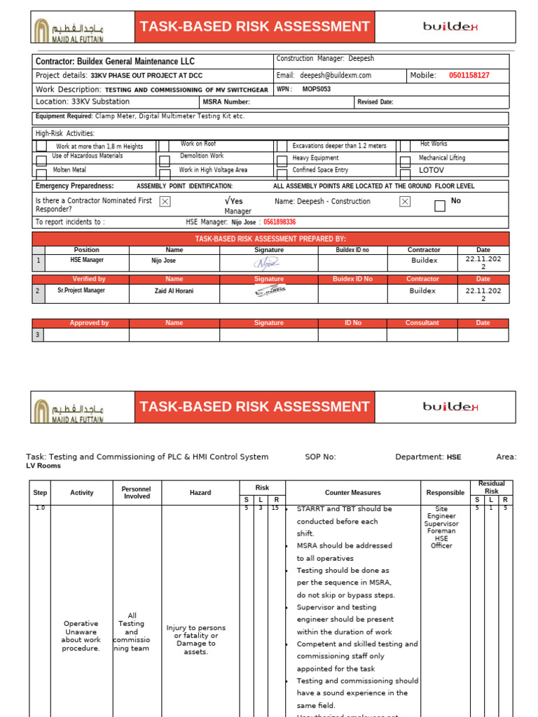 Task-Based Risk Assessment for MV Switchgear | PDF | Occupational ...