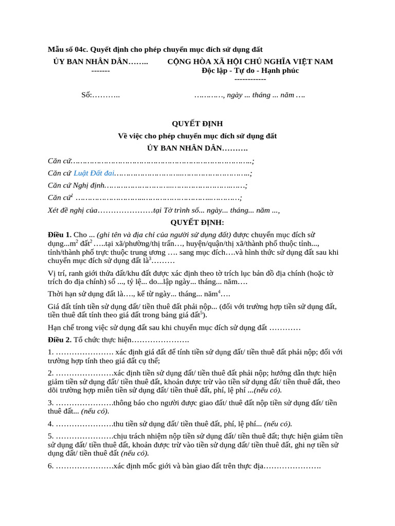 Mẫu số 04c.Quyết định cho phép chuyển mục đích sử dụng đất | PDF