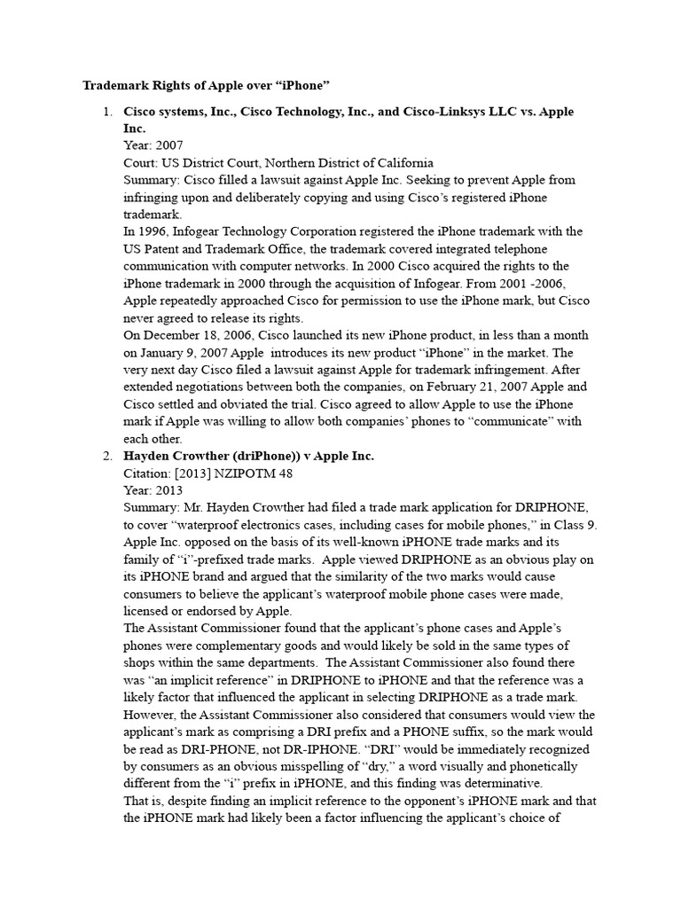 Iphone Trademark Disputes | PDF | Trademark | Apple Inc.