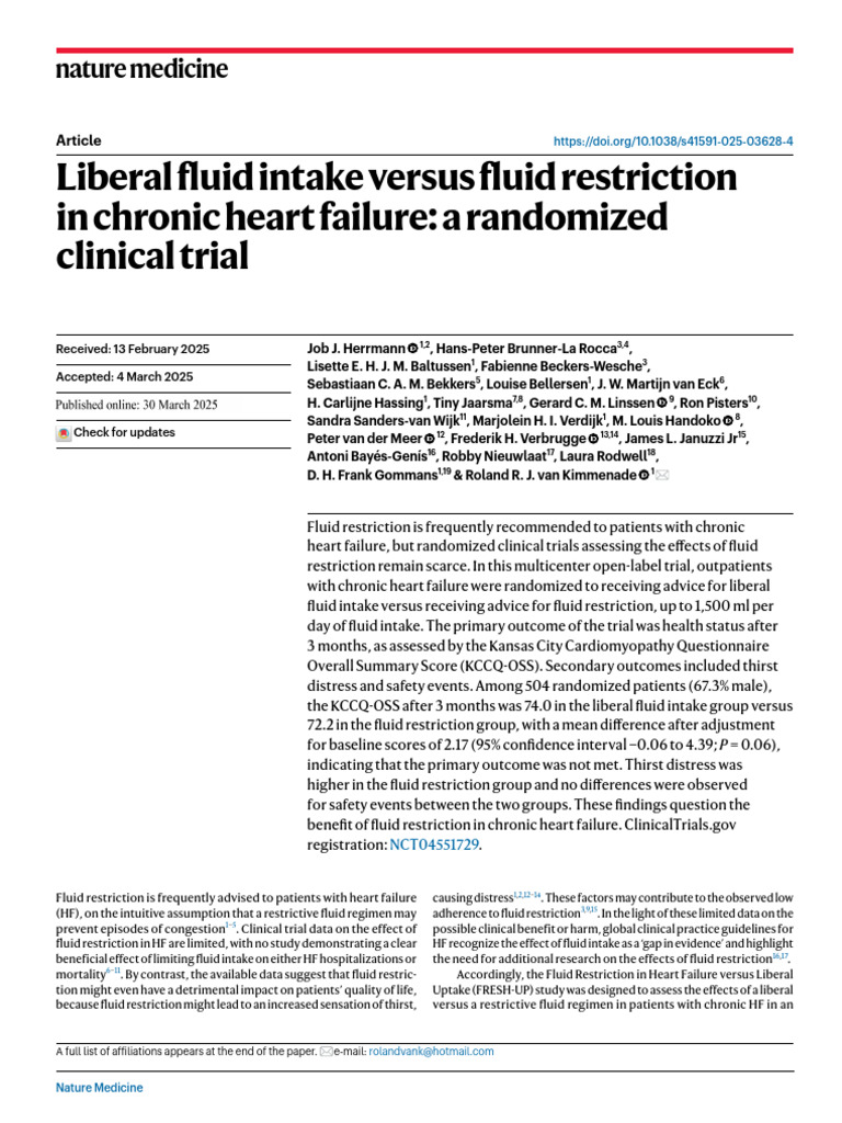 Liberal Fluid Intake Versus Fluid Restricti | PDF | Heart Failure | Patient