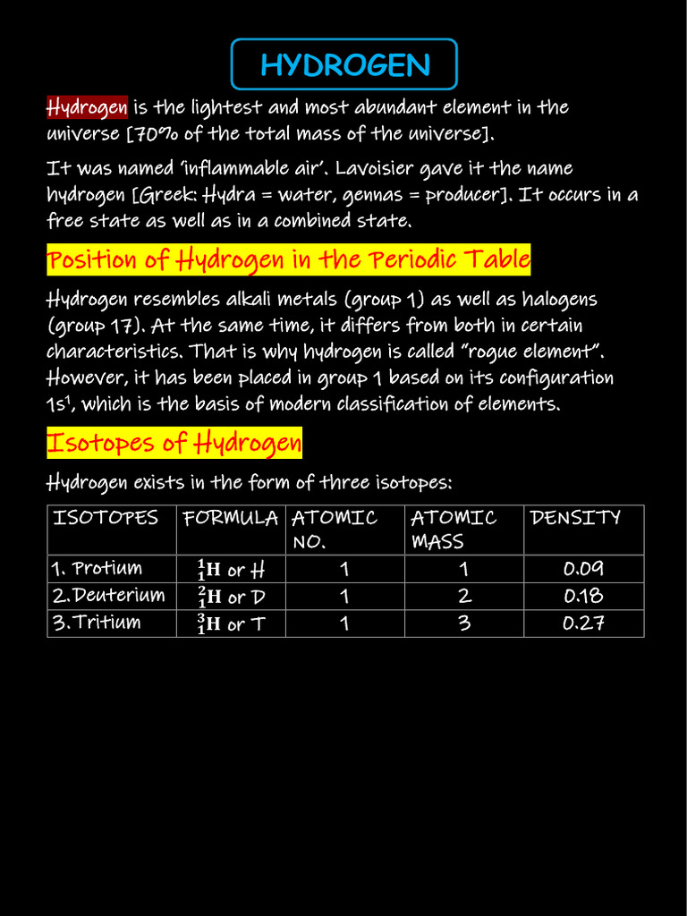 Hydrogen Class 11th Notes | PDF | Hydrogen | Salt (Chemistry)