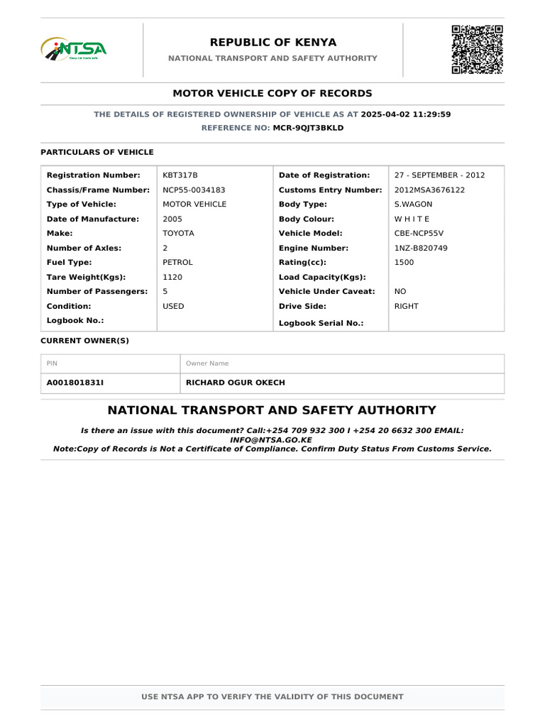Motor Vehicle Ownership Record 2025 | PDF
