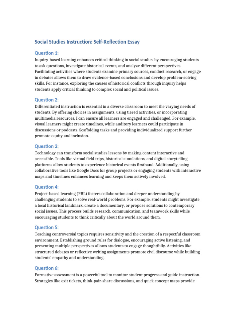 Social Studies Reflection | PDF | Learning | Critical Thinking