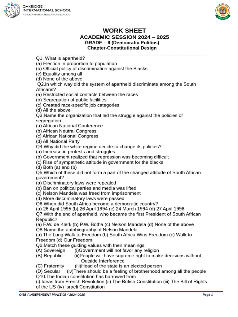 Grade 9 Constitutional Design Worksheet | PDF | Apartheid | Political ...