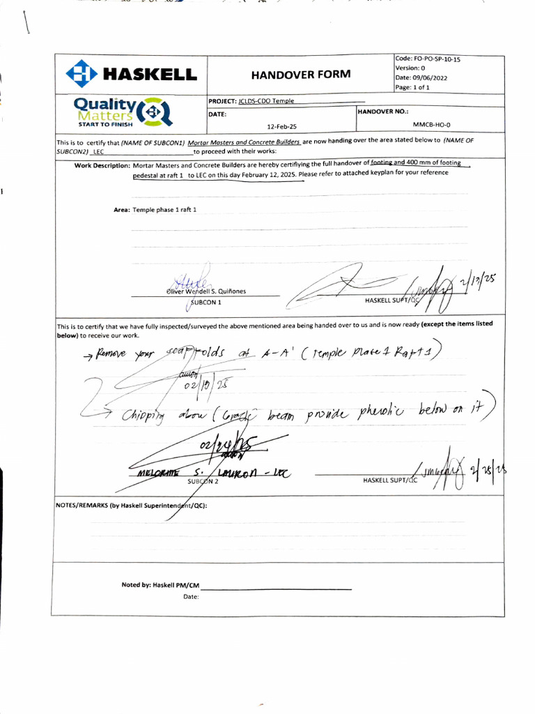 Handover Certification for Temple Raft 1 | PDF | Civil Engineering ...