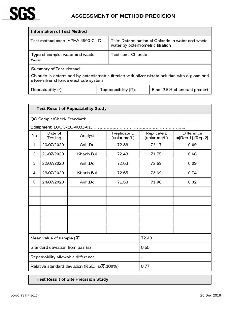 LOGC TST F 8017 Assessment of Method Precision CL APHA4500D | PDF ...