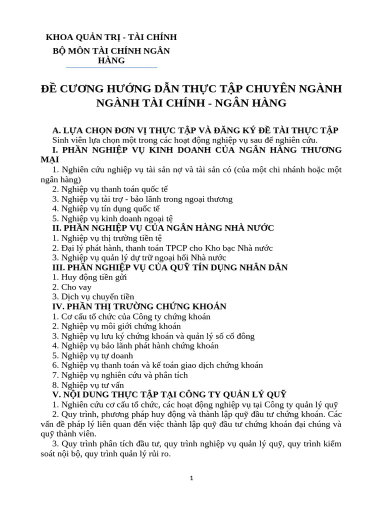 Đề cương TT chuyên ngành TCH 2020 | PDF