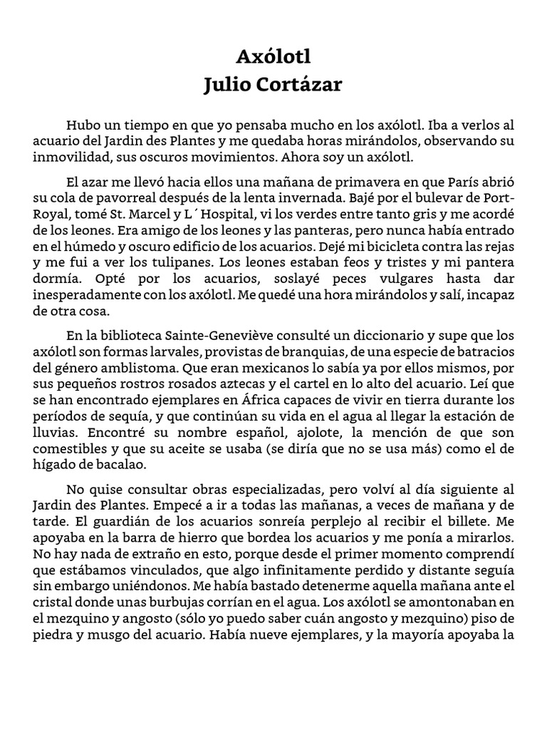 Axolotl de Julio Cortazar | PDF | Acuario
