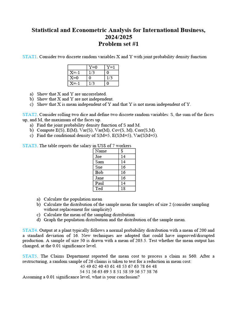 Problem Set 1 | PDF | Probability Distribution | Mean