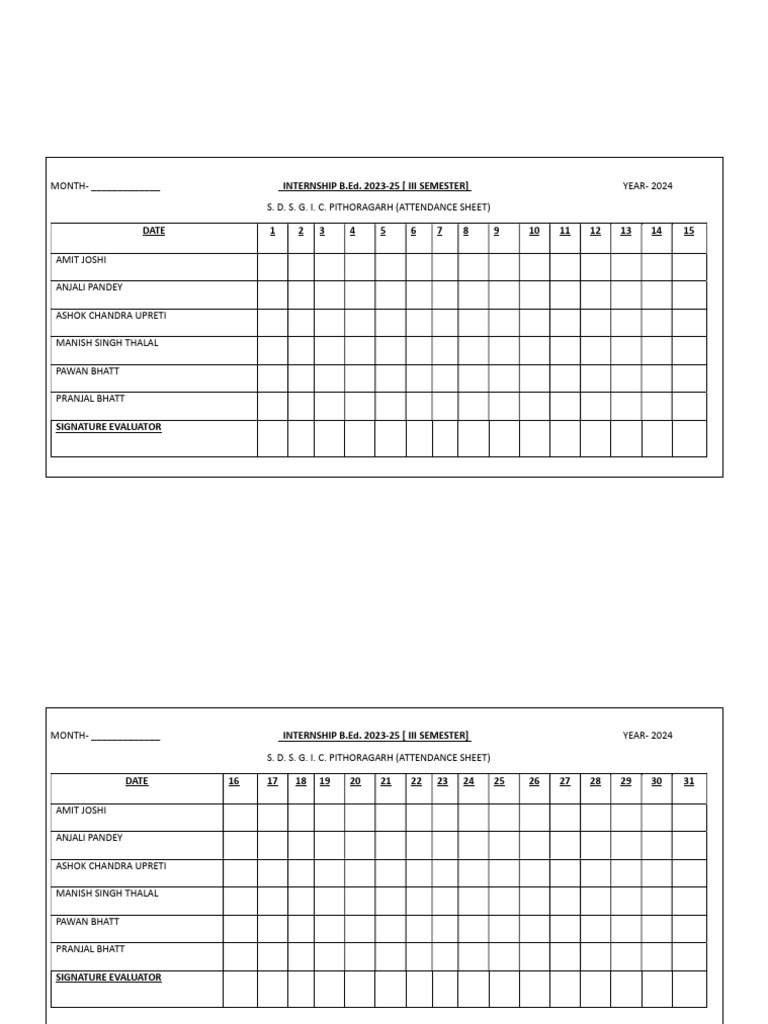 B.Ed. Internship Attendance Sheet 2024 | PDF