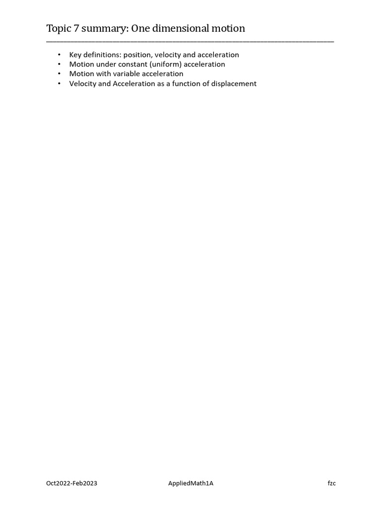 One-Dimensional Motion Summary | PDF