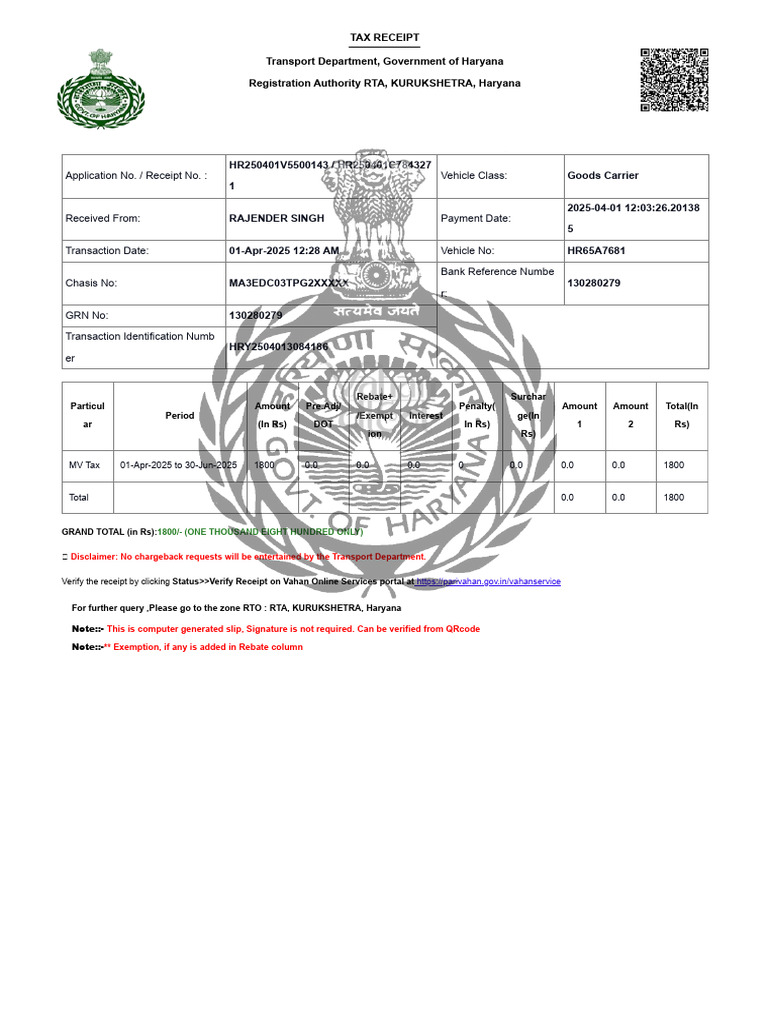 Rajender Rto Tax April2025 | PDF | Receipt | Payments