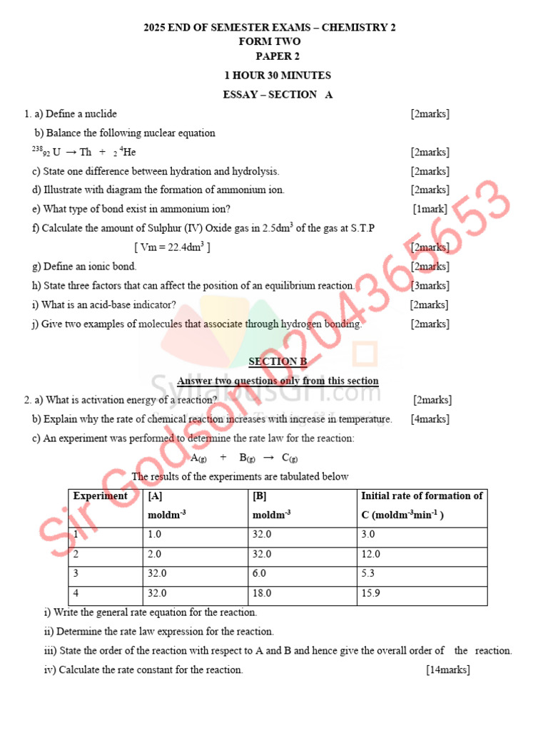 2025 SHS2 End of Semester Exams Chemistry 2 | PDF | Chemical Reactions ...