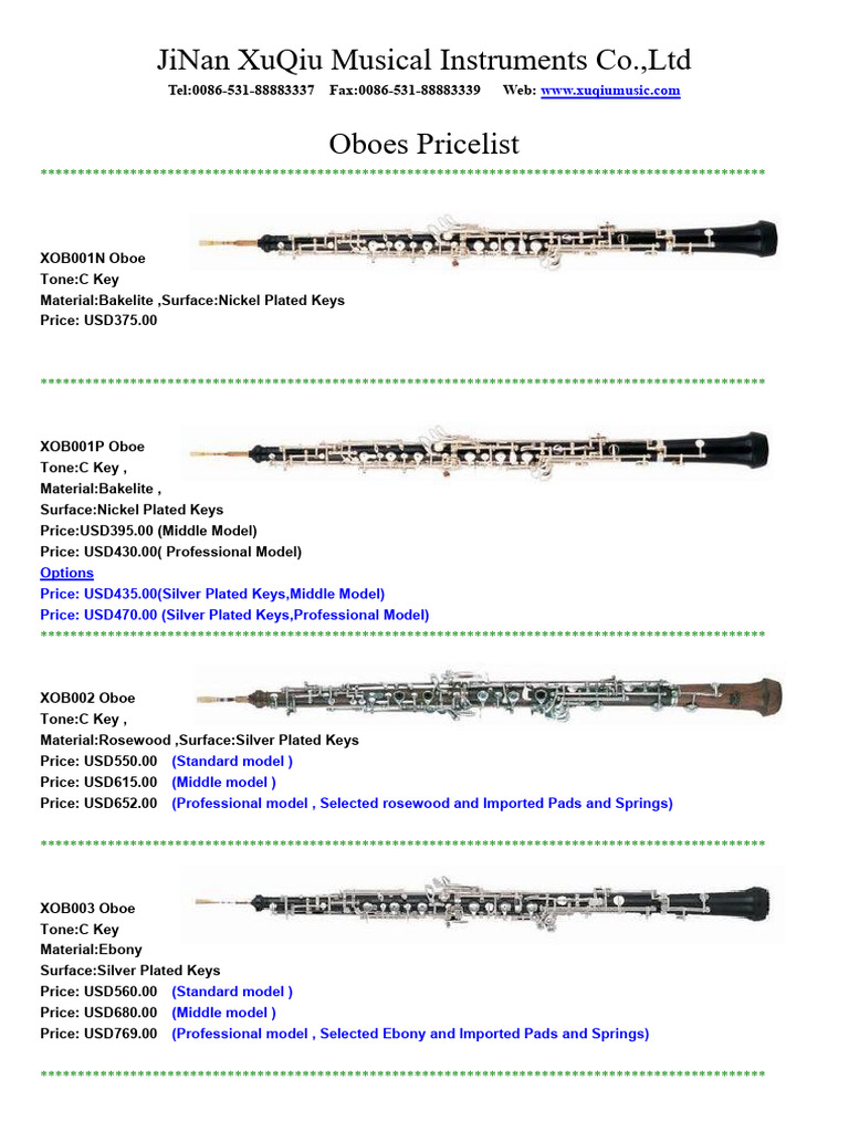 Oboe Price List and Options | PDF