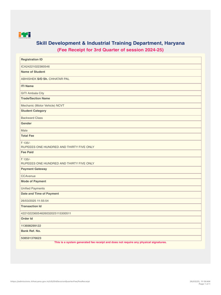 ITI Fee Receipt for 3rd Quarter 2024-25 | PDF