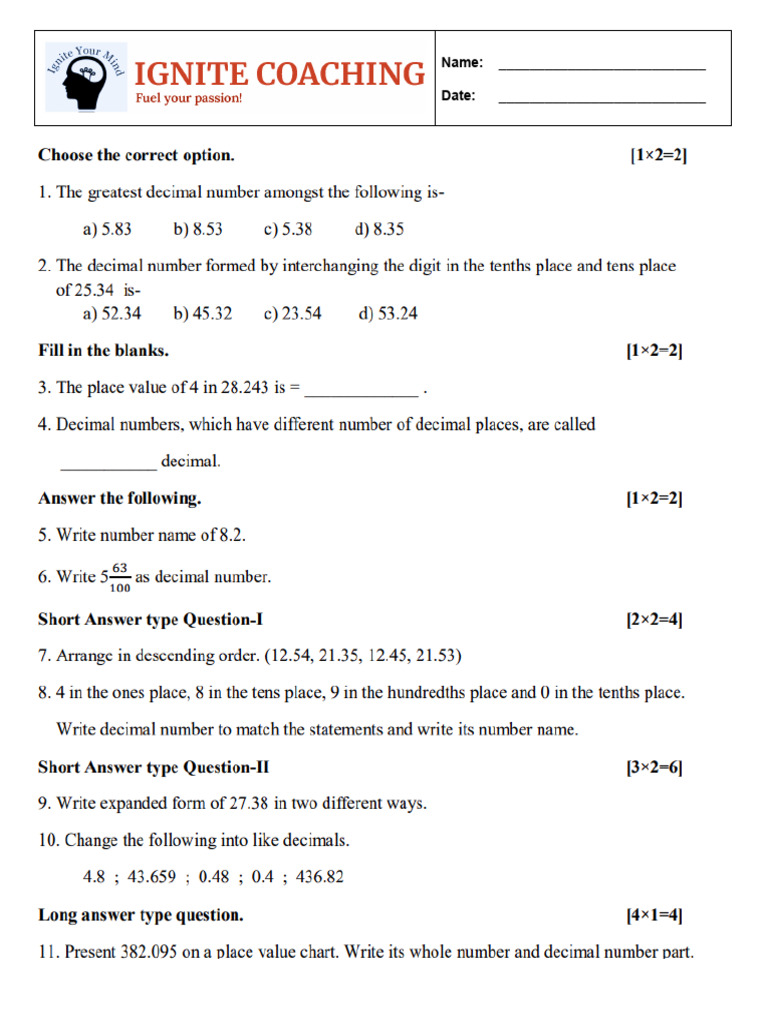 Practice Worksheet 1 - Decimals - Class 5 | PDF