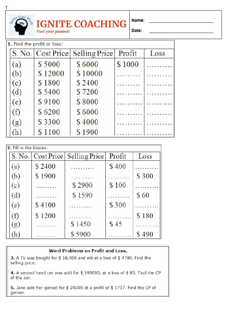 Practice Worksheet 2 - Profit and Loss - Class 5 | PDF