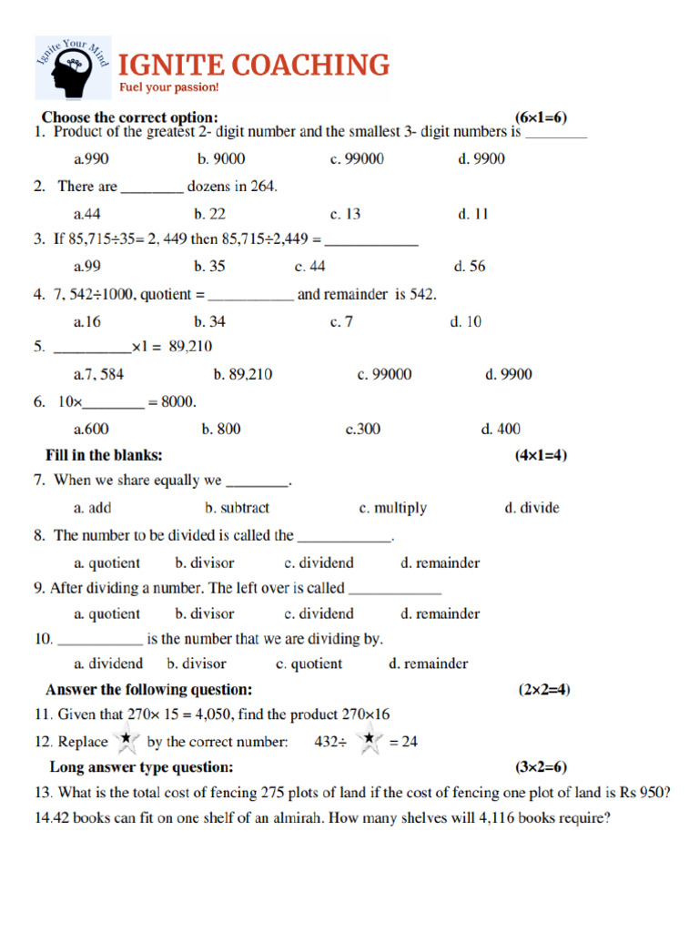 Practice Worksheet 2 - Division - Class 5 | PDF