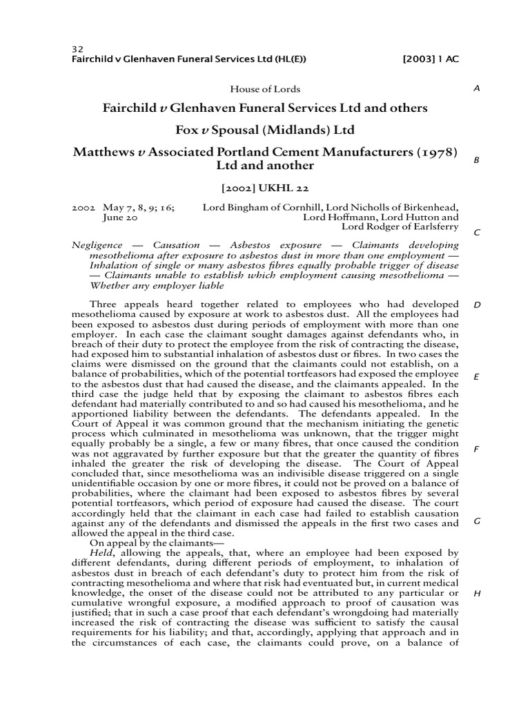 Fairchild v. Glenhaven Case Summary | PDF | Tort | Causation (Law)